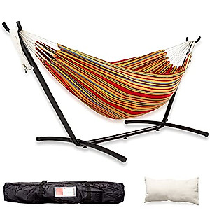 ACH Double Hammock with Stand Included 2 Person Heavy Duty Strong Portable Hammocks Indoor and Outdoor with Pillow-Carrying Bag for Outside Patio Backyard Lawn-450lb Capacity Rainbow