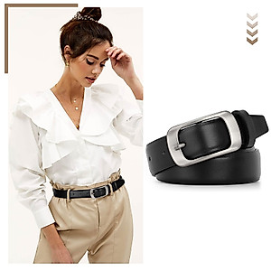 XZQTIVE Women Leather Belts for Jeans Pants, Black/Brown Waist Dress Belts with Gold/Silver Buckles, Fit Sizes S to XL, Black Belt with Silver Buckle, Fit Waist Size 33-37 inches