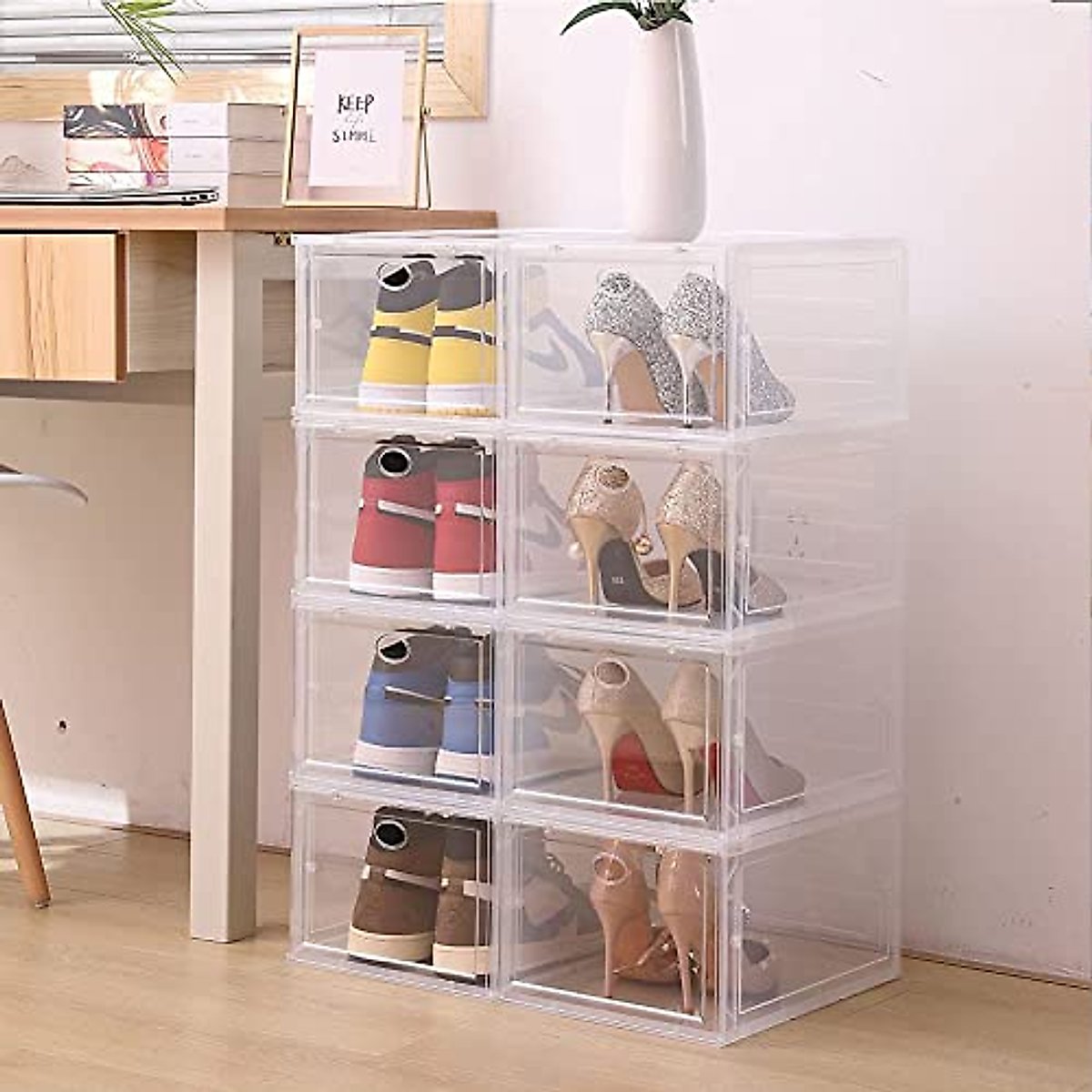 6 Pack Wanhux Shoe Box Organizer，Stackable Plastic Shoe Box With Clear Door，Transparent Shoe Box Storage，As Shoe Storage Box And Clear Shoe Box,For Display Sneakers,Easy Assembly,Fit Up To Us Size 12(13.6”x 10.6”x 6.7”)