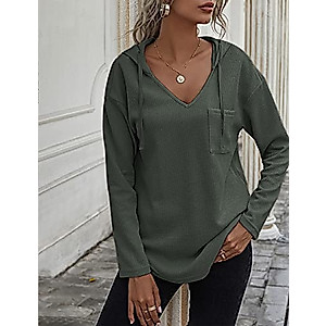 morhuduck Women's V Neck Hoodies Long Sleeve Sweatshirt Drawstring Pullover Tops with Pocket,Army Green, S