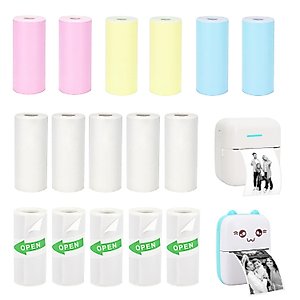 Vicbear 16 Rolls Mini Printer Paper, Including 5 Thermal Sticker Paper Rolls, 6 Colored, and 5 White Plain Paper Rolls for Mini Thermal Printer, 57x25 mm, Compatible with Most Mini Receipt Printers