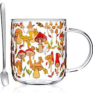 Mushroom Mug with Handle, 15oz Clear Mushroom Glass Cup, Cute Mushroom Stuff Coffee Mug with Stainless Steel Desert Spoon Long Teaspoons for Coffee Tea Milk Gift Decor