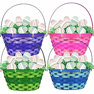 GS Woven Bright Bamboo Easter Baskets (2pcs.) & Easter Grass (2 packs) with Printed Fillable Easter Eggs, Assorted Round Colorful Hinged Handles Perfect for Picnic Party Decorations Storage Gifts