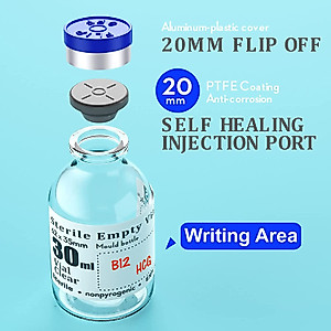 Biocomma 30ml 10pcs Sterile Empty Vial with Plastic Aluminum Flip Off Caps，Penicillin Bottle 20mm Crimp Top Sterile Transparent Borosilicate Lab Sample Vial (Transparent)