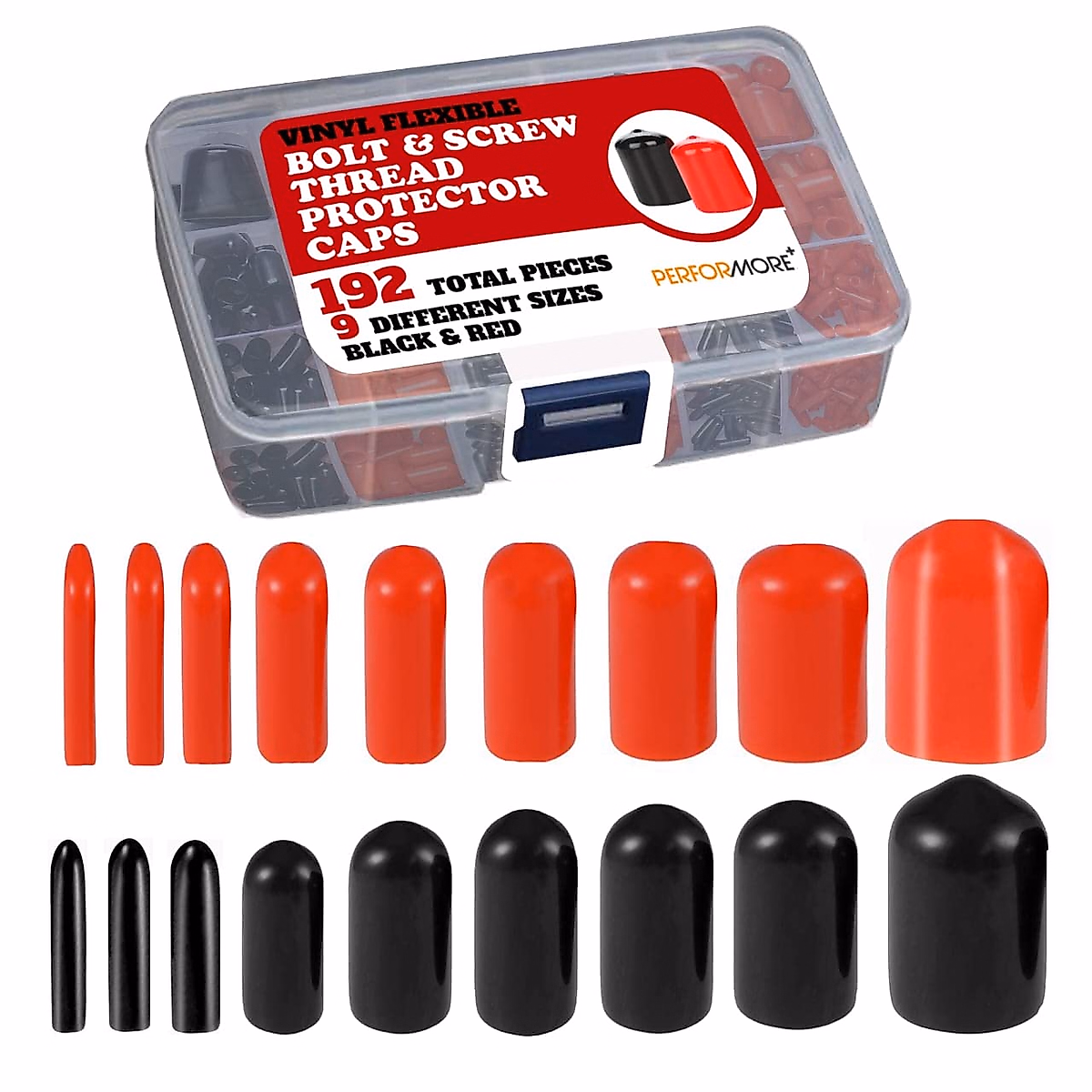 Performore 192 Pieces Rubber End Caps - Screw Cap Covers - Thread Protector - Rubber Tips - Red & Black Vinyl Flexible Bolt & Screw Thread Protector Caps 9 Sizes in Plastic Case