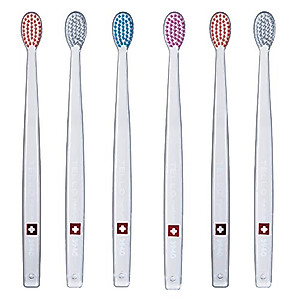 TELLO 3940 Adult Medium Swiss Toothbrush for Gentle Cleaning with Ergonomic Handle, 6 Count