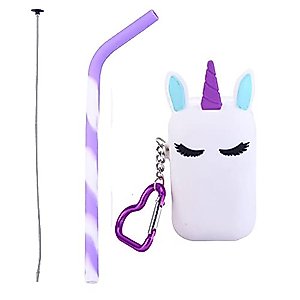 Collapsible Reusable Silicone Straws Portable Folding Drinking Straw Free with Travel Case & Cleaning Brush for Party Travel Household Cold or Hot Straws (B)
