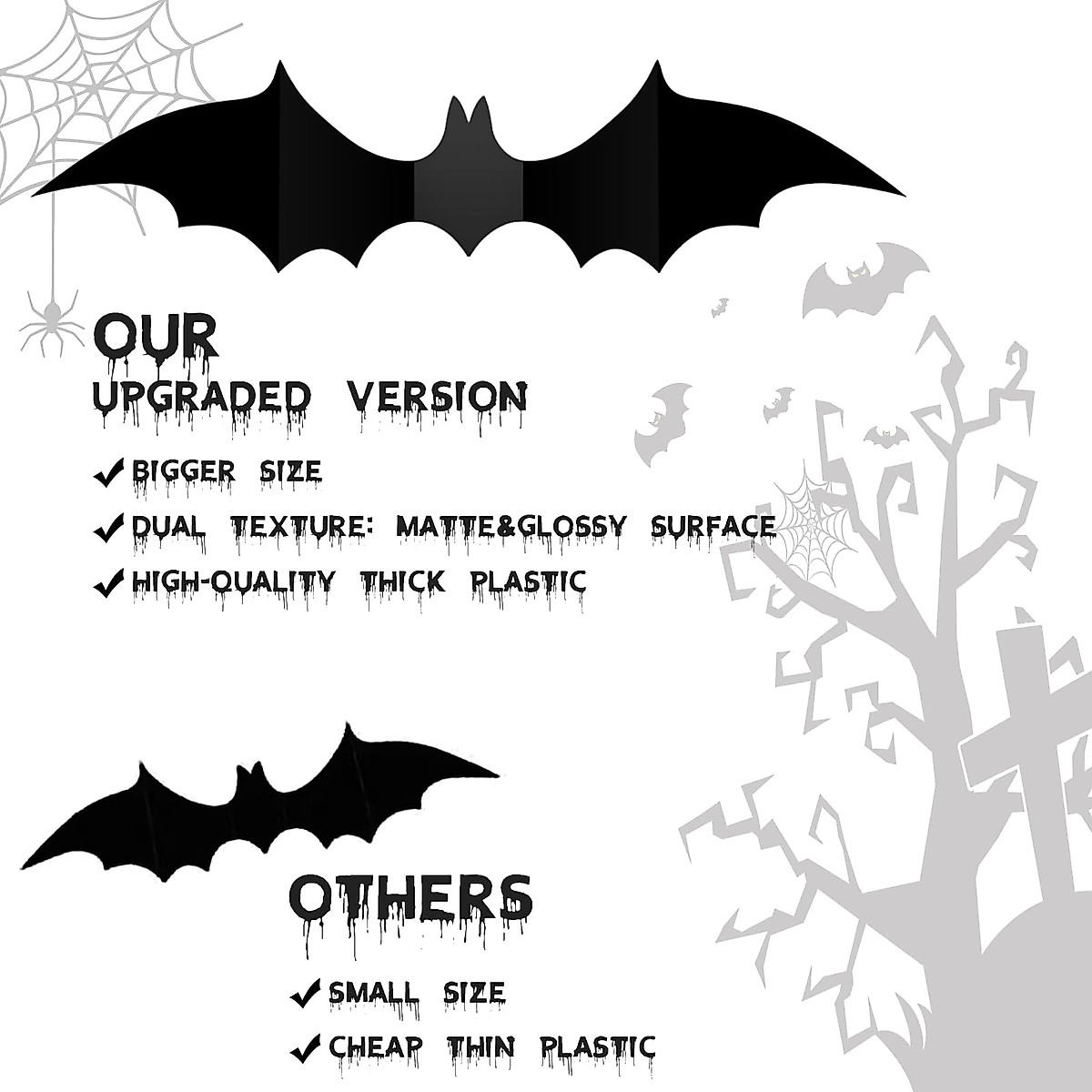 Big Size Bat Wall Decor Stickers, 124pcs Indoor Large Bats Halloween Decorations, DIY 3D Gothic Bats Decor, PVC Bat Stickers for Gothic House, Hunted Mansion, Ghost House, Goth Decor