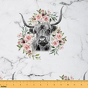 Highland Cow Flower Fabric by The Yard Bull Cattle Upholstery Fabric for Chairs Western Funny Animal Decorative Fabric Wildlife Farmhouse Cow Indoor Outdoor Fabric Rose Grey Marble Fabric 3 Yards