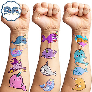 Narwhal Temporary Tattoos - Themed Whale Unicorn Birthday Party Supplies Decorations 96PCS Tattoos Stickers Party Favors Animal Fun Super Cute Kids Girls Boys Gifts Classroom School Prizes Christmas