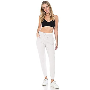 Leggings Depot Womens Relaxed fit Jogger Pants - Track Cuff Sweatpants with Pockets, White, Medium