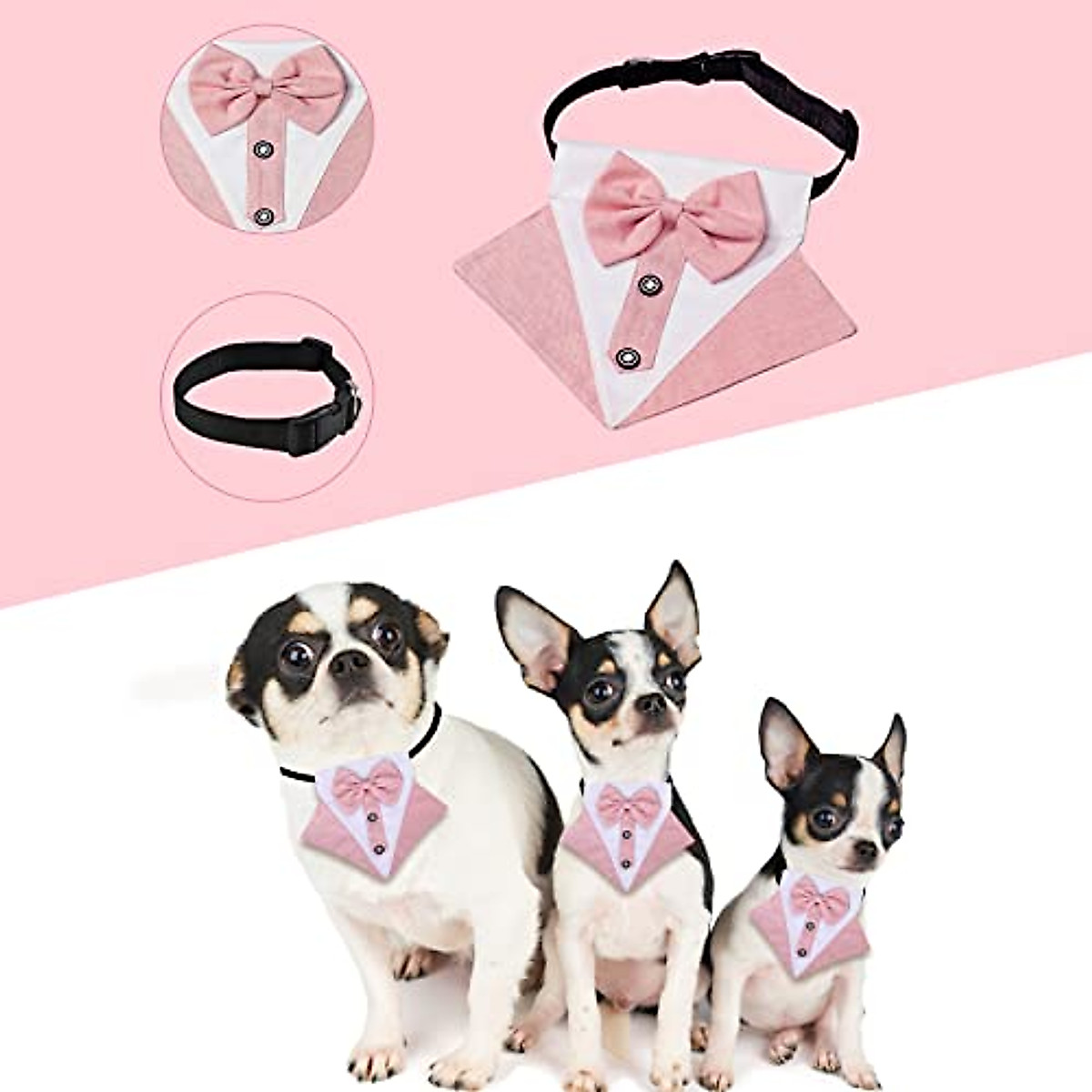 HACRAHO Formal Dog Tuxedo Bandana, 1 Piece Pink Dog Wedding Bandana Collar with Bowtie Adjustable Formal Tux Dog Bandana with Collar for Small Dogs, S