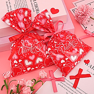 AnyDesign 100Pcs Valentine's Day Treat Bags Red Heart Candy Cellophane Bag 6 x 9 Inch Happy Valentine's Day Plastic Goody Bags with Red and Pink Ribbon for Valentine Party Favor Supplies Gift