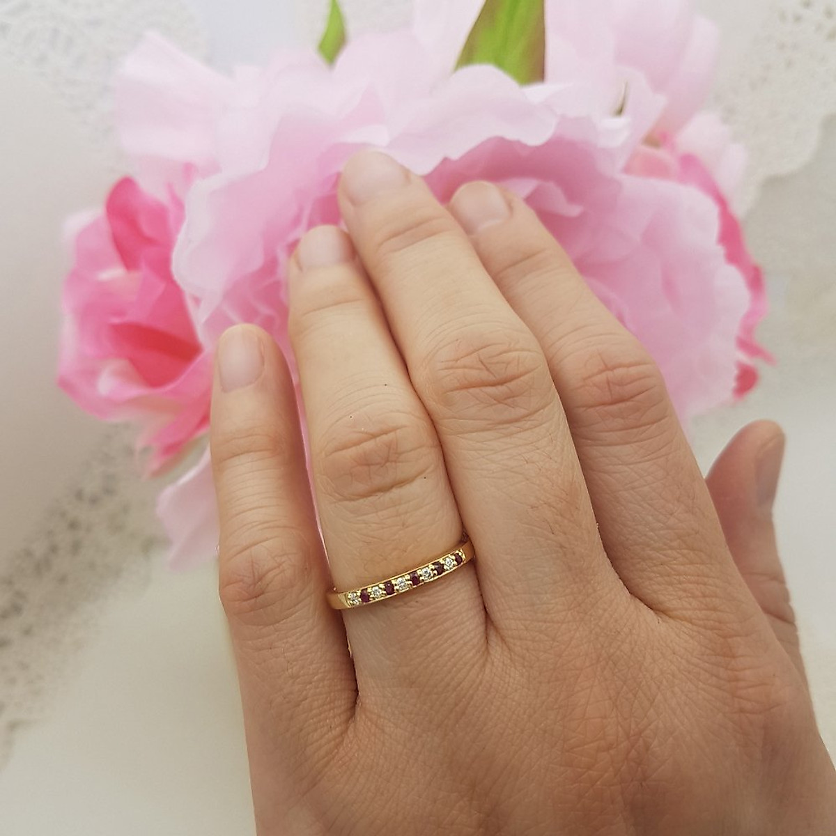 Dazzlingrock Collection Round Ruby & White Diamond Stackable Wedding Band for Women, 10K Yellow Gold, Size 6.5