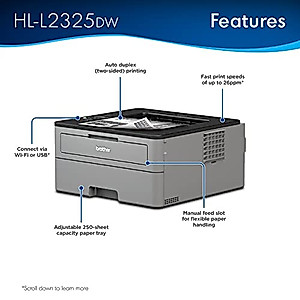 Brother HL-L2325DW Monochrome Laser Printer, Wireless Networking & Duplex Printing