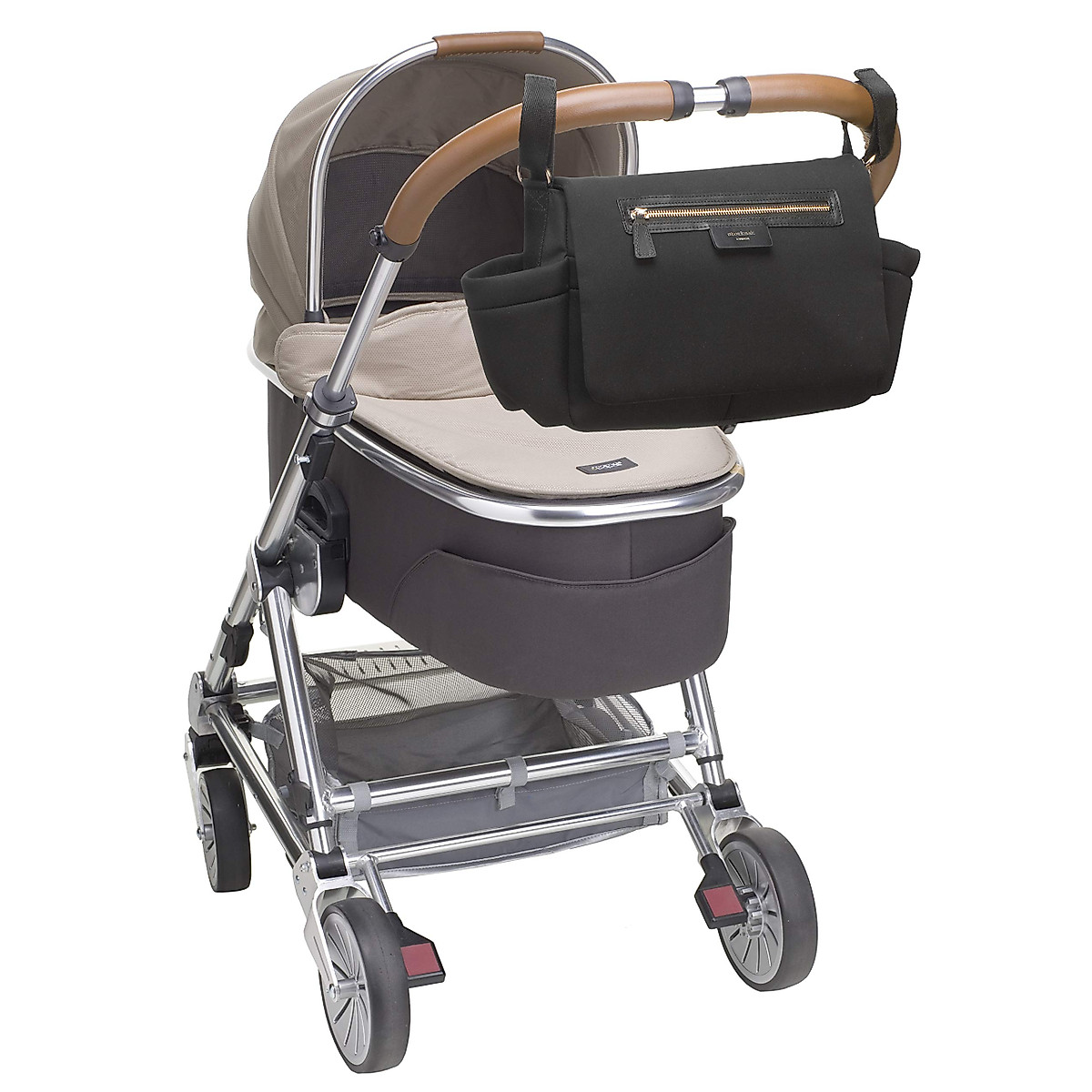 Black Travel Stroller Organizer and Hanging Diaper Bag by Storksak | Universal Fit, Large Storage Capacity, Baby Caddy with Elastic Cup Holder and Integrated Accessories