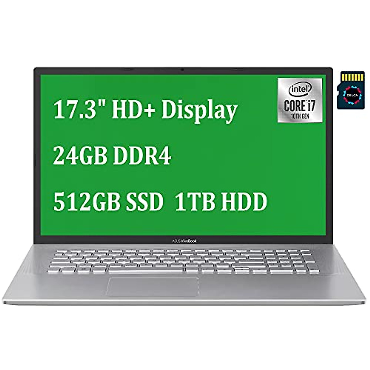 Asus Vivobook 2021 Premium 17 Laptop Computer I 17.3" HD+ Display I 10th Gen Intel 4-Core i7-1065G7 I 24GB DDR4 512GB SSD 1TB HDD I USB-C Bluetooth Webcam Win10 Silver + 32GB Micro SD Card