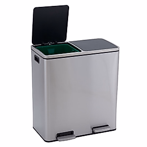 Design Trend Stainless Steel Dual Compartment Trash Can Recycler with Soft Close Lids | Two 30 Liter / 8 Gallon Bins, 60 Liter, Silver