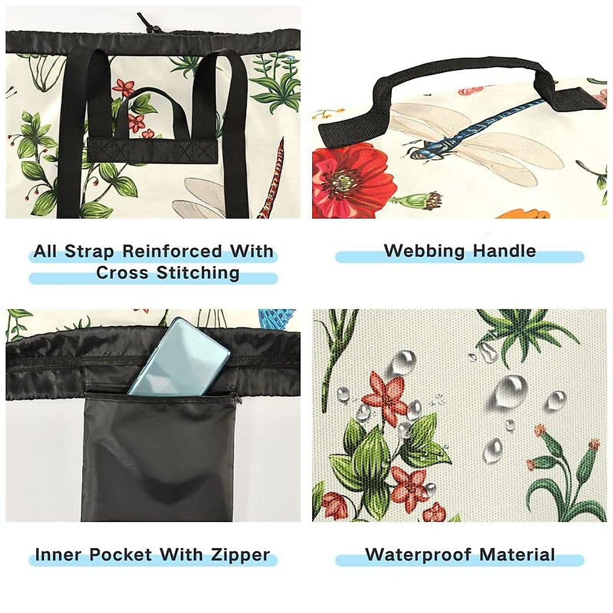 VIGTRO Spring Flowers Dragonflies Large Heavy Duty Laundry Backpack Hamper with Shoulder Strips and Drawstring, Summer Poppies Green Leaves Nylon Waterproof Laundry Bag Durable for Dorm Laundromat Travel