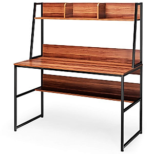 Tangkula Computer Desk with Hutch & Bookshelf, 47 Inches Space Saving Writing Study Table Home Office Desk, PC Laptop Table Workstation with w/ 3 Open Storage Space & Bottom Bookshelf (Brown)