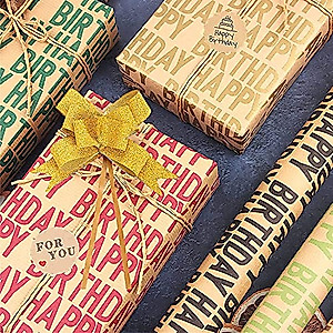 VETUZA Extra Large 40 x 28 Inches Folded Flat Happy Birthday Kraft Wrapping Paper Set of 6 (Extra Large Sheets: 47 sq. ft. ttl.) for Men Boys Women Adults Kids Girls