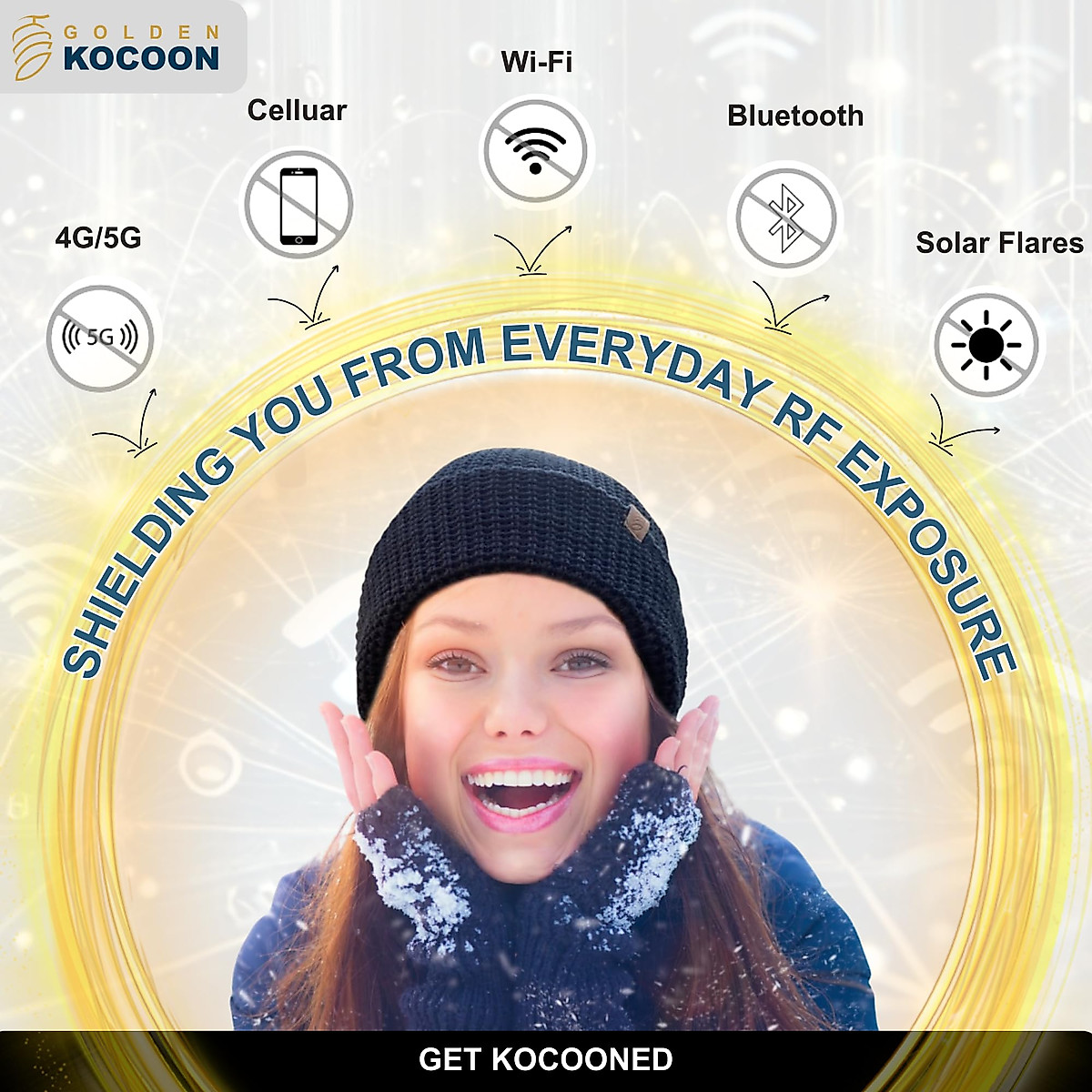 Golden Kocoon®- E-M-F Organic Cotton Beanie with EcoShield™ Tech Bamboo Lyocell Faraday Fabric Silver Liner- Adult Size Hat in Black -5 g, BT, Smart Meters & WiFi- Cocoon Cap