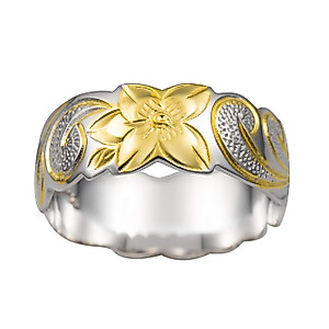 Aloha Jewelry Company Sterling Silver 8mm Hawaiian Princess Plumeria Flower Scroll Ring Stackable Wedding Band (Yellow-Gold, 9)