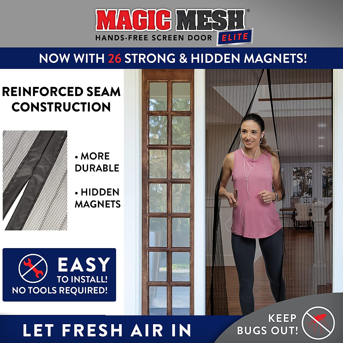 Magic Mesh Elite- More Durable Magnetic Screen Door, Reinforced Seam, Strong & Hidden Magnets- Keeps Bugs Out, Fits Single Doors up to 39"x83"
