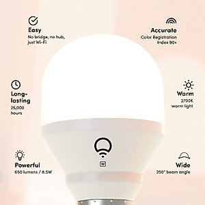 LIFX L3A19LW06E26CA White, A19 Wi-Fi Smart LED Light Bulb, Warm, Dimmable, No Bridge Required, Works with Amazon Alexa, Hey Google, Apple HomeKit