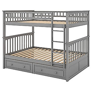 Full Over Full Bunk Bed with 2 Storage Drawers, Wooden Bunk Bed Frame with Guardrails and Ladders for Kids Teens Adults, Can be Convertible into 2 Beds (Bunk Beds Full Over Full, Gray)