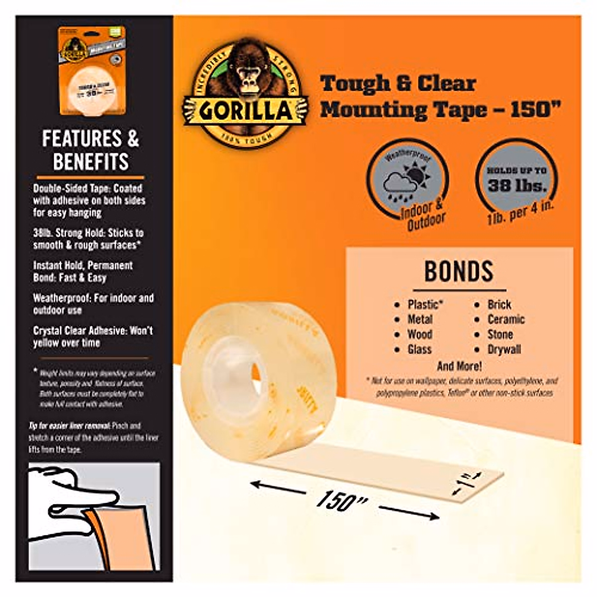 Gorilla Tough & Clear Double Sided Adhesive Mounting Tape, Extra Large, 1" x 150", Clear, (Pack of 1)