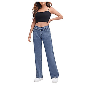 SweatyRocks Women's Casual Low Rise Wide Leg Jeans Chain Straight Leg Denim Pants with Pockets Medium Wash M