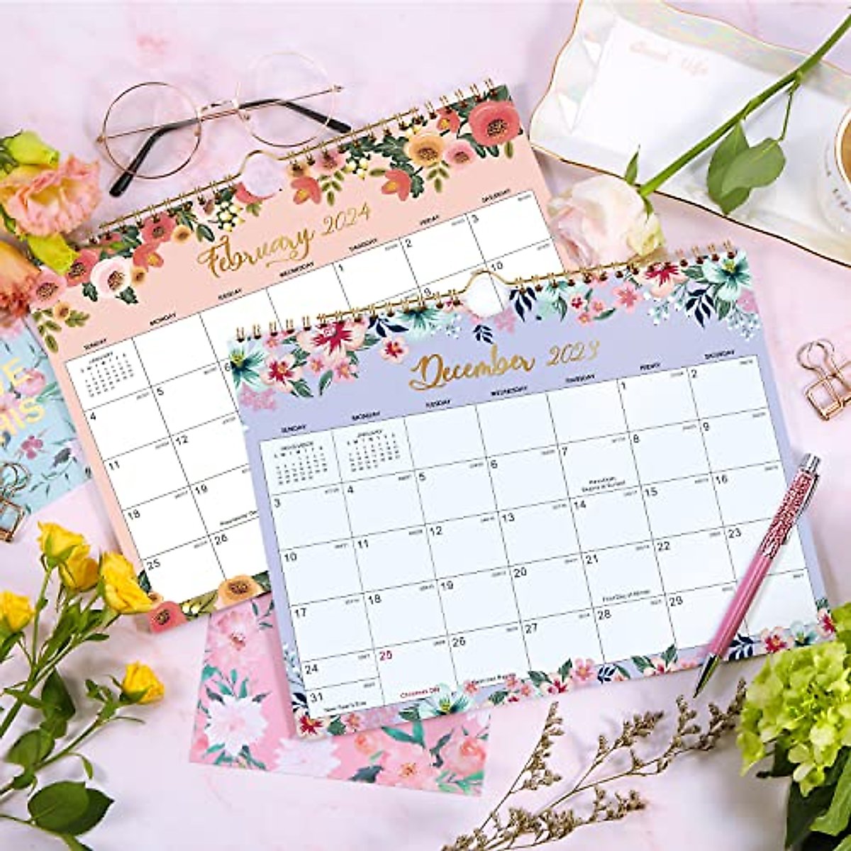 2023-2024 Wall Calendar - 18 Monthly Calendar 2023-2024, February 2023 - June 2024, 11" x 8.5", Twin-Wire Binding + Hanging Hook + Thick Paper + Unruled Blocks with Julian Dates - Floral