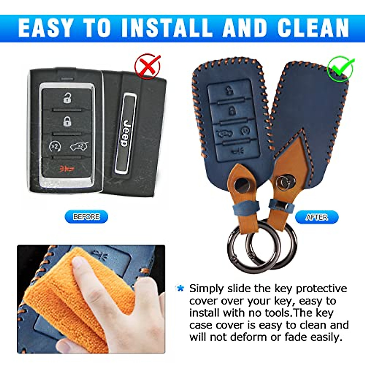 Canvcle Key Fob Cover for 2021 2022 2023 Jeep Grand Cherokee/Grand Cherokee L/Wagoneer/Grand Wagoneer Accessories Key Cover Leather Blue 5 Button 1PCS