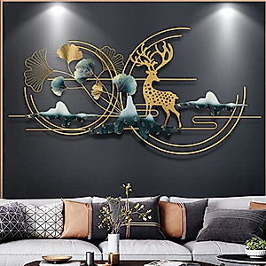 POCHY Metal Wall Art Ginkgo Leaf Wall Decoration Golden Deer Wall Art Wall-Mounted Sculpture for Sofa Background Study office 3D Hanging Size:130x65cm
