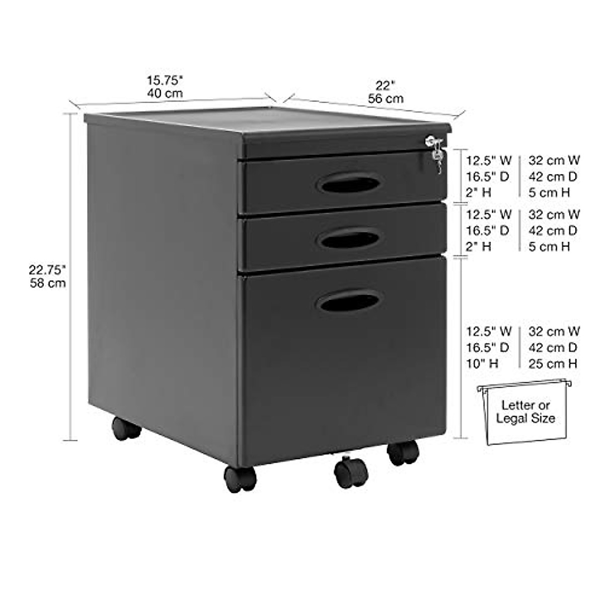 Calico Designs Metal Full Extension, Locking, 3-Drawer Mobile File Cabinet Assembled (Except Casters) for Legal or Letter Files with Supply Organizer Tray in Black