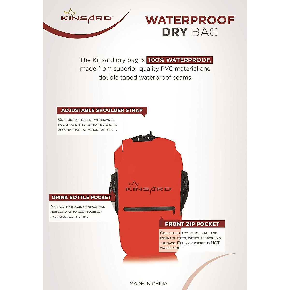 Kinsard Waterproof Dry Bags, Roll Top Sack, With Zipper, Side Pockets, and Adjustable Straps-Protects Valueables and All Gear, For Kayaking, Boating, Beach, Hiking, 10 Liter Dry Bag(Orange)