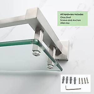 Bathroom Shelves Rectangle Tempered Glass Shelf SUS304 Stainless Steel with rail Lavatory Shower Caddy Floating Wall-Mount Home Decor Holder,20.5x5.3 inches Brushed Finish,1 Shelf with Hardware