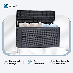 BLUU 100 Gallon Outdoor Storage Box Deck Bench with Cushion for Outdoor Pillows, Pool Toys, Garden Tools and Sports Equipment | Waterproof Cabinet | Lock Included