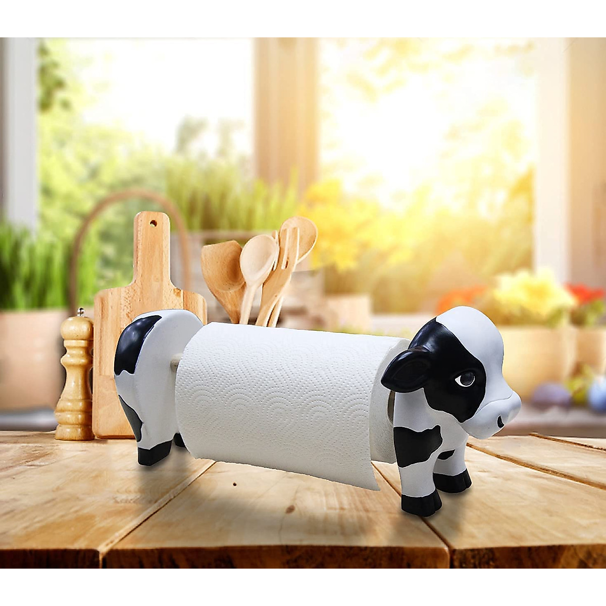 Wooden Paper Towel Holder Countertop Farmhouse Cow Design Paper Towel Roll Holder Stand Base Rustic Animal Paper Towel Organizer for Kitchen Living Room Bedroom Home Farmhouse Decoration