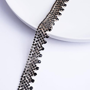 JEGOYER 1 Yard Tassel Rhinestone Black Close Chain, Diamond Crystal Fringe Trim, Rhinestone Banding Applique for Sewing Crafts Ideal Wedding Party Clothing DIY Decorations