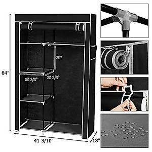 Karl home Portable Closet, Wardrobe Closet with 1 Hang Rod & 5 Storage Cube for Clothes Organizer, Side Storage & Dustproof Cover, 41.3" L x 18" W x 64" H, Black