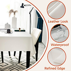 Hosonson 100% Waterproof Vinyl PU Square Heavy Duty Table Cloth with Smooth Surface - Soft Hand-Feeling Decoration Tablecloth - Reusable Wipable Oilproof Table Cover for Kitchen (54x54 Inch, White)