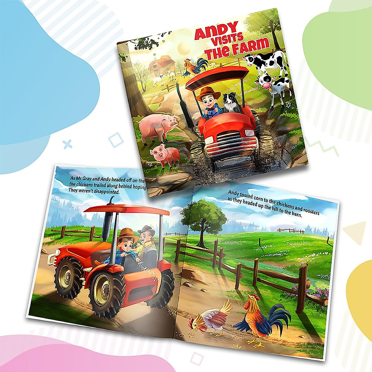 Personalized Storybooks by Dinkleboo - Visits The Farm - Your Child Joins Mr. Gray On A Trip Around The Farm - for Children Aged 0 to 8 Years Old - Soft Cover - Smooth, Glossy Finish (8"x 8")