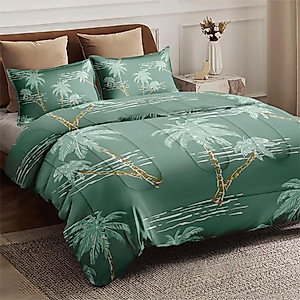 Pinbeam Comforter Set Queen Size, Palm Tree Ocean Retro Soft Bedding Set for Kids and Adults Bedroom Bed Decor, Green Mint Plant Comforter Set with 2 Pillowcases