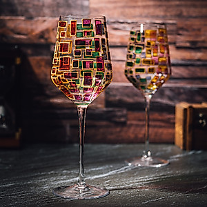 Artisanal Hand Painted Stemmed Wine Glasses - Gift for, Friends, Girlfriends, Sagrada Renaissance Stain-glassed Windows Wines Glass Set of 2 - Gift Idea for Birthday, Housewarming, Extra Large Goblets
