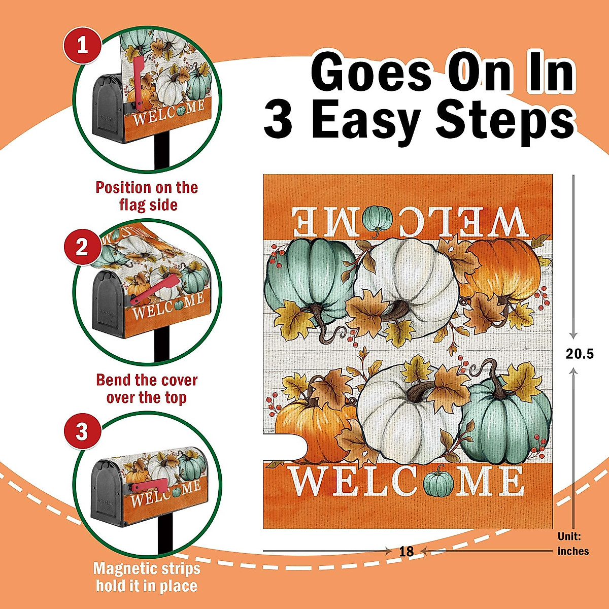 FBCOO Welcome Fall White Teal Pumpkin Mailbox Cover Magnetic Standard Size 20.5" x 18", Autumn Seasonal Decorative Post Letter Box Decor, Thanksgiving Farmhouse Rustic Garden Yard Outdoor Decoration