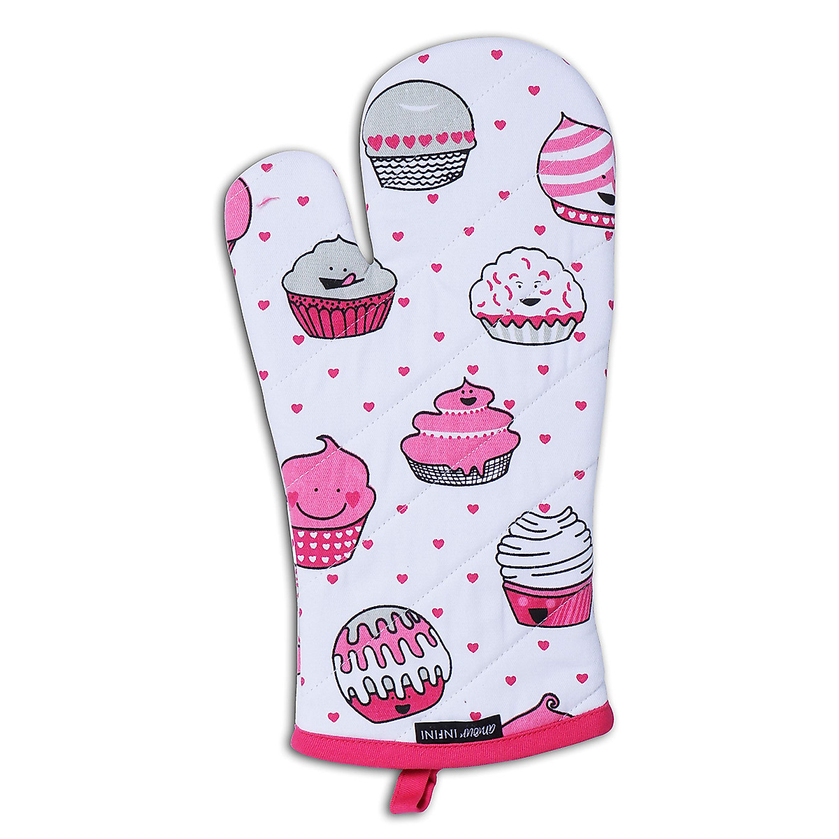 AMOUR INFINI Oven Mitts Set of 1 - Non-Slip Oven Mitts for BBQ, Cooking, Grilling, Baking - Heat Resistant Oven Gloves Quilted Liner with Hanging Loop (Valentine Cup Cake - 7x13 Inches)