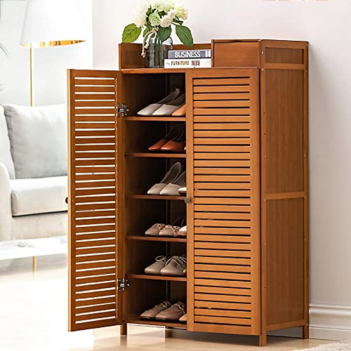 QQXX Bamboo Shoe Cabinet,Rustic Entryway Shoe Storage Cabinet Shoe Rack Cabinet,Shoes Cabinet with Doors and Drawer,Farmhouse Shoe Organizer for Hallway Bedroom Closet(26 * 13 * 45", Brown)