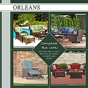 Hanover Orleans 4-Piece Steel Outdoor Patio Set Outdoor Patio Deep Seating Set with Brown Wicker, Sofa, Avocado Green Cushions, 4 Pillows and Glass Top Rectangular Coffee Table